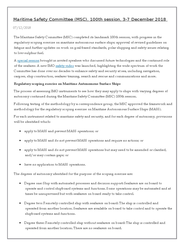 Maritime Safety Committee (MSC), 100th Session, 3-7 December 2018 ...
