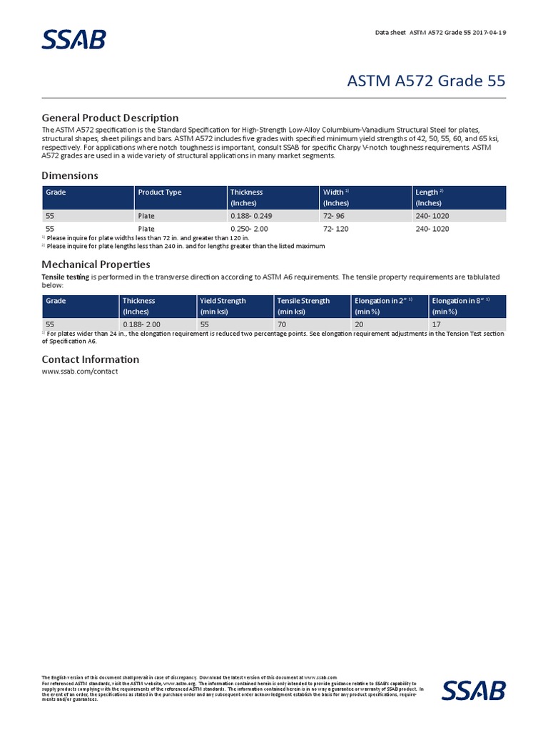 ASTM A572 Grade 55: General Product Description | PDF | Structural ...