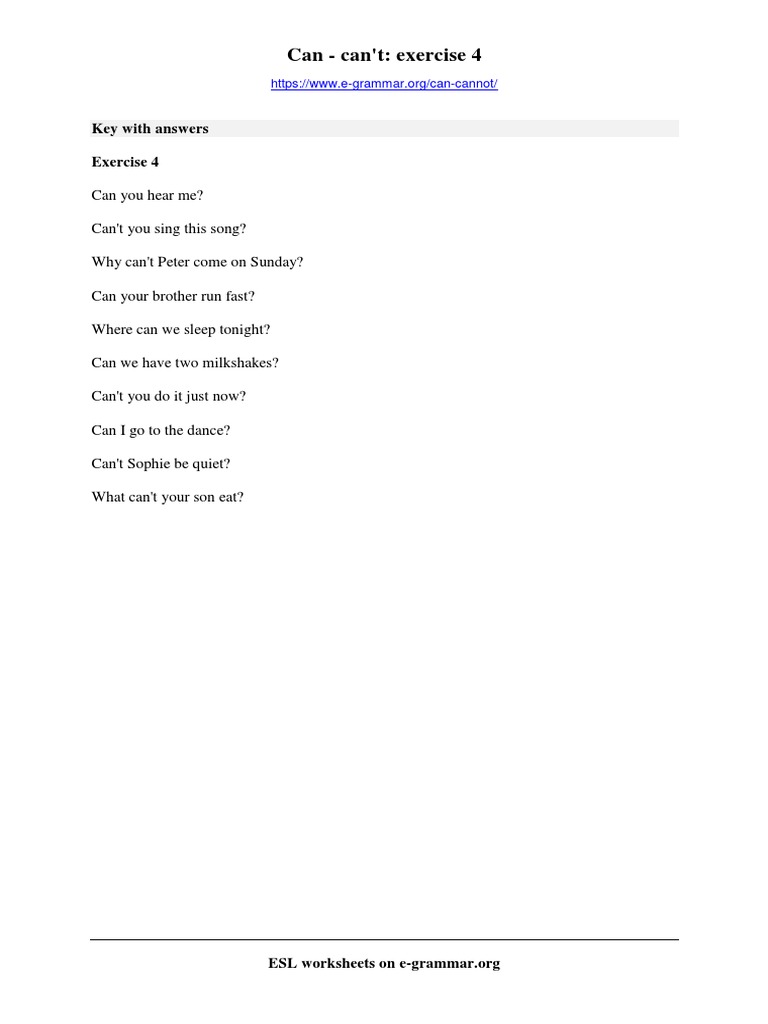 Can Cannot Exercise 4 Key PDF | PDF