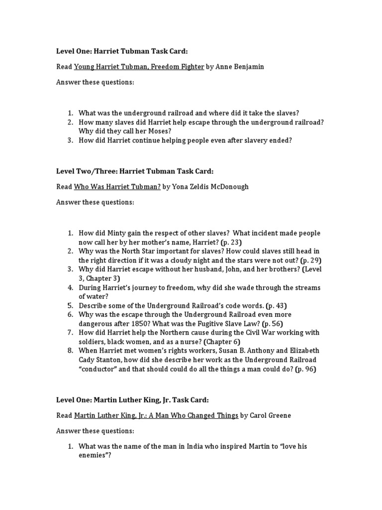 Reading Task Cards | PDF | Underground Railroad | Harriet Tubman
