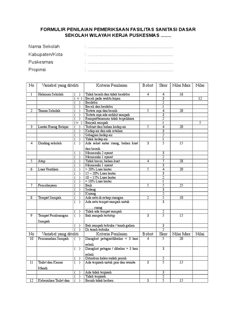 Formulir Inspeksi Sanitasi Sekolah | PDF