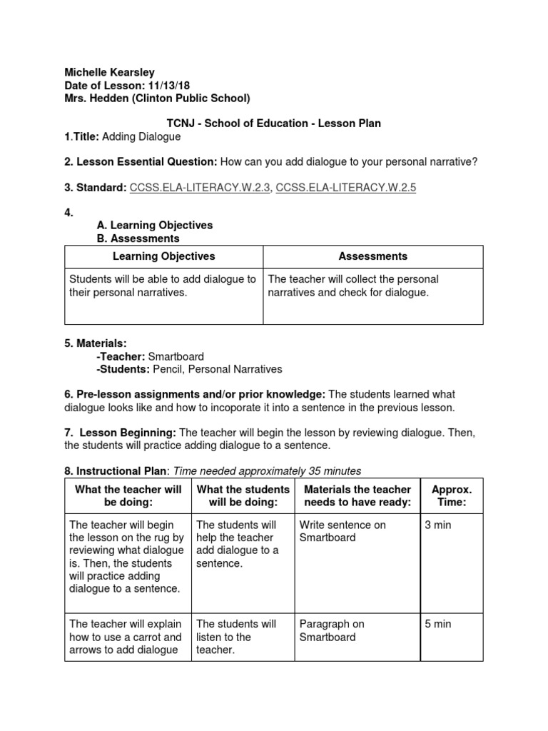 Adding Dialogue Lesson Plan | PDF | Classroom | Teachers