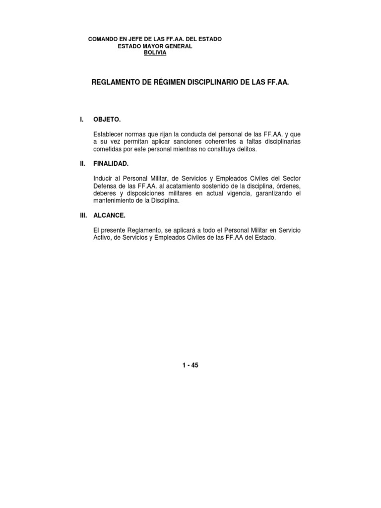 Reglamento Regimen Interno Ffaa Bolivia | PDF | Disciplinas | Militar