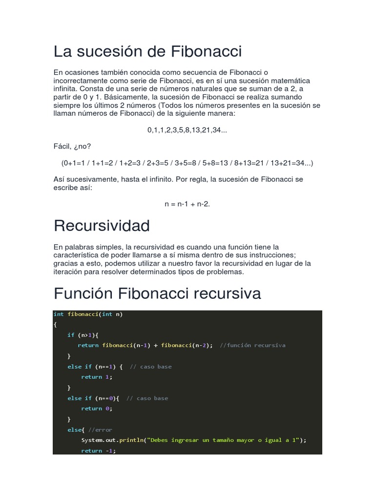 Algoritmo recursivo de la sucesión de Fibonacci implementado en Java ...