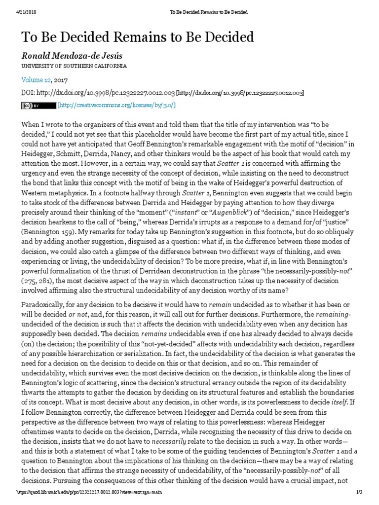 To Be Decided Remains To Be Decided | PDF | Deconstruction | Jacques ...