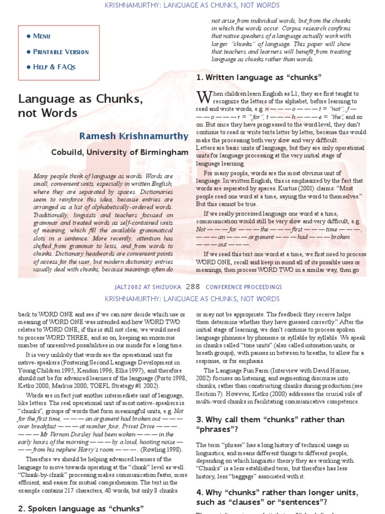 Language As Chunks, Not Words: Ramesh Krishnamurthy | PDF | Word | Noun