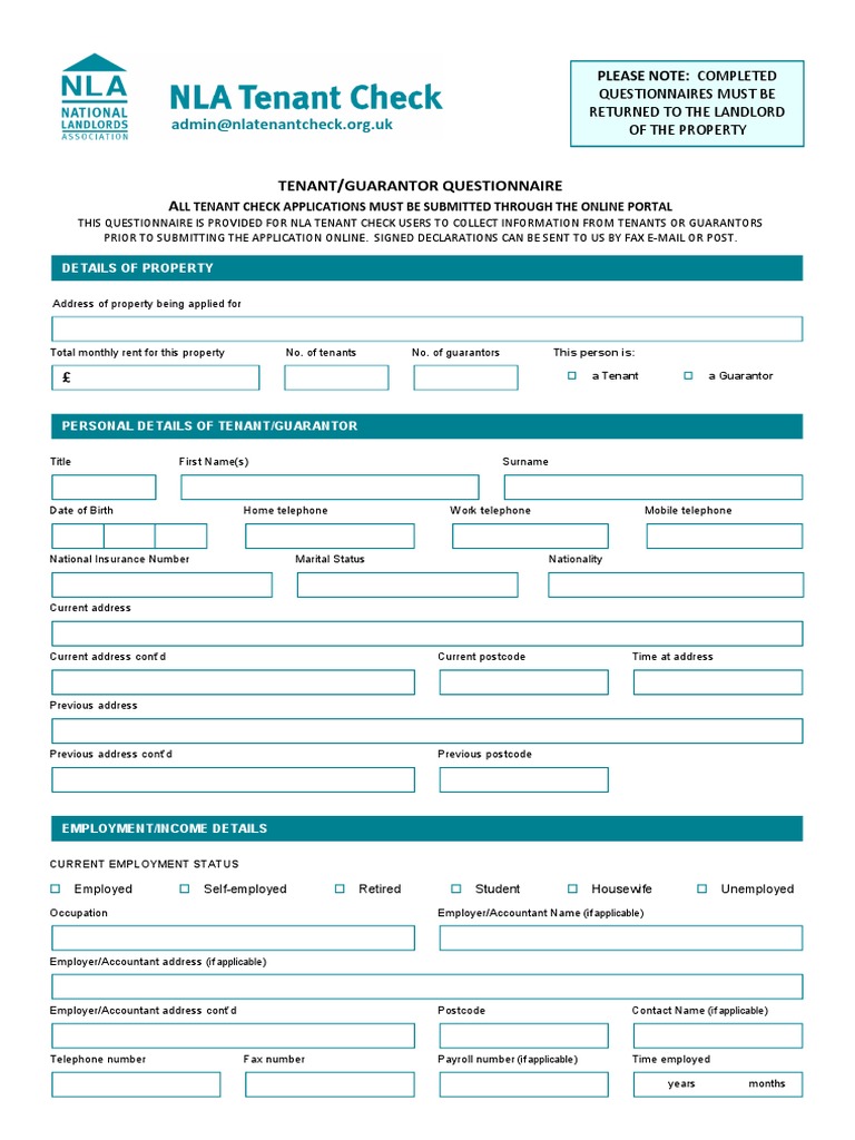 NLA Tenant Check Form JULY 2016 | PDF | Landlord | Leasehold Estate