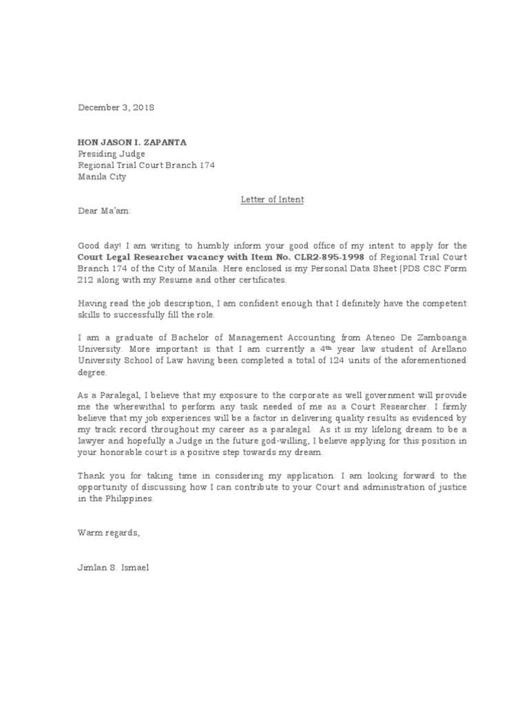 Intent Letter | PDF | Paralegal | Legal Education