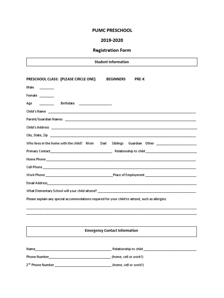 Pumc Preschool 2019-2020 Registration Form: Student Information | PDF ...