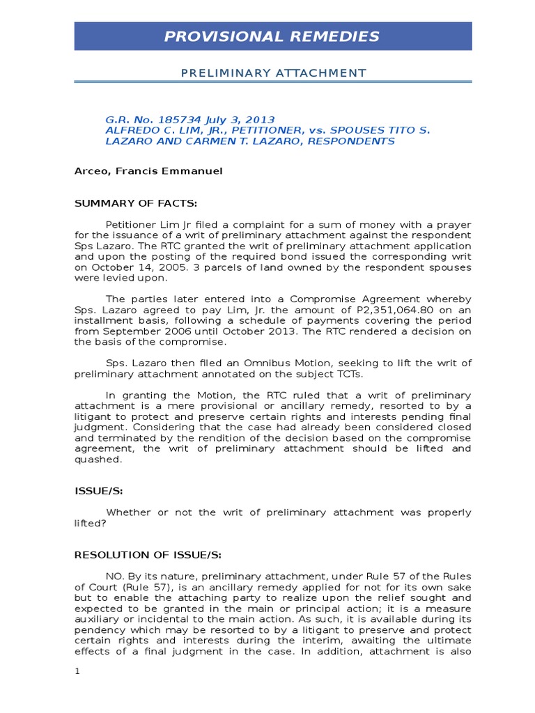 Provisional Remedies: Preliminary Attachment | PDF | Certiorari | Complaint