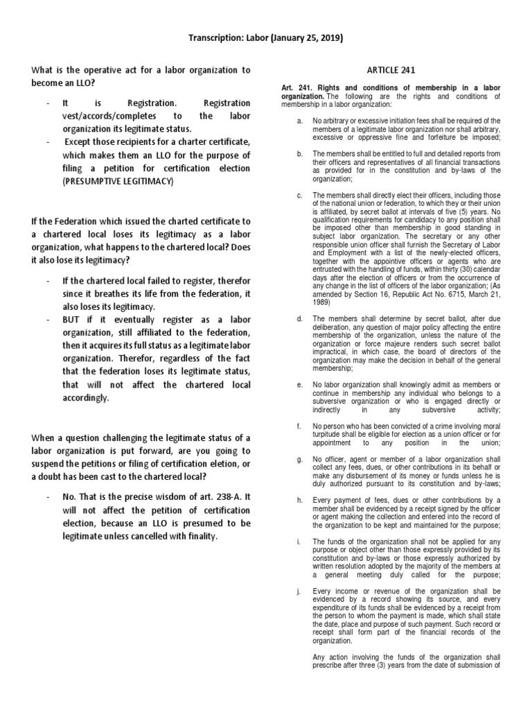 Labor Organization Rights and Requirements | PDF | Collective ...