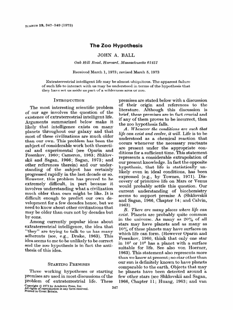 The Zoo Hypothesis (Ball 1973) | PDF | Extraterrestrial Life | Hypothesis