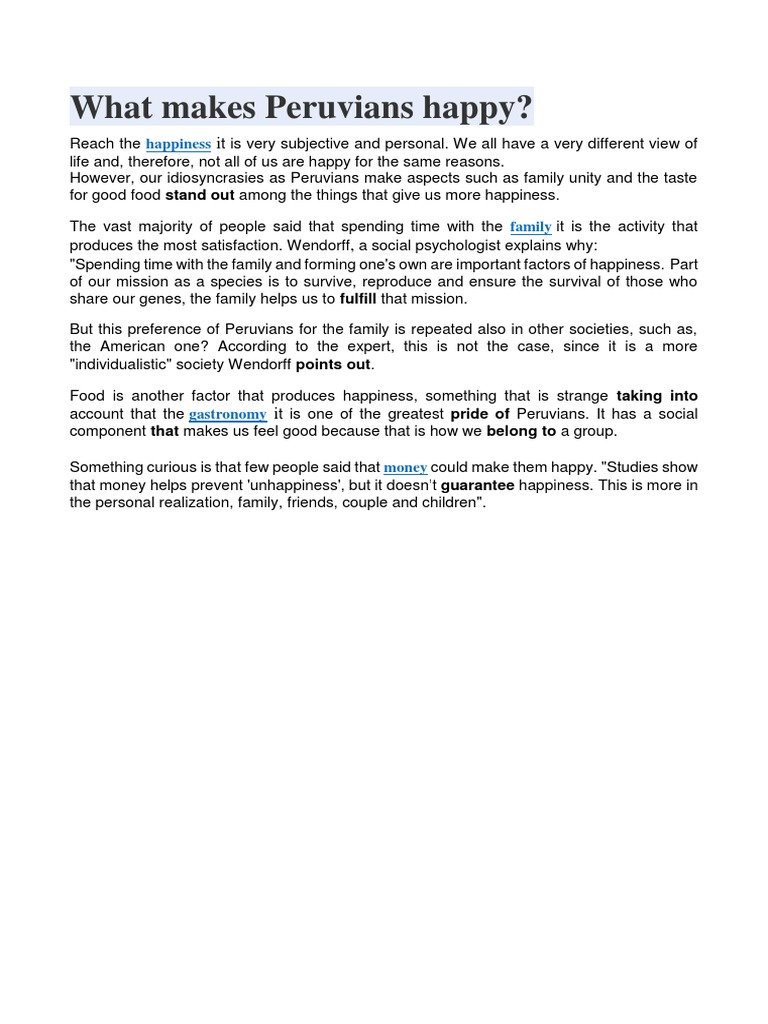 Family, Food, and Fulfillment: What Truly Makes Peruvians Happy | PDF