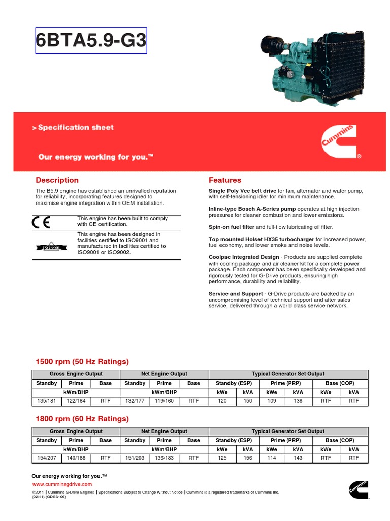 6BTA5.9-G3: Description Features | PDF | Cylinder (Engine) | Engines