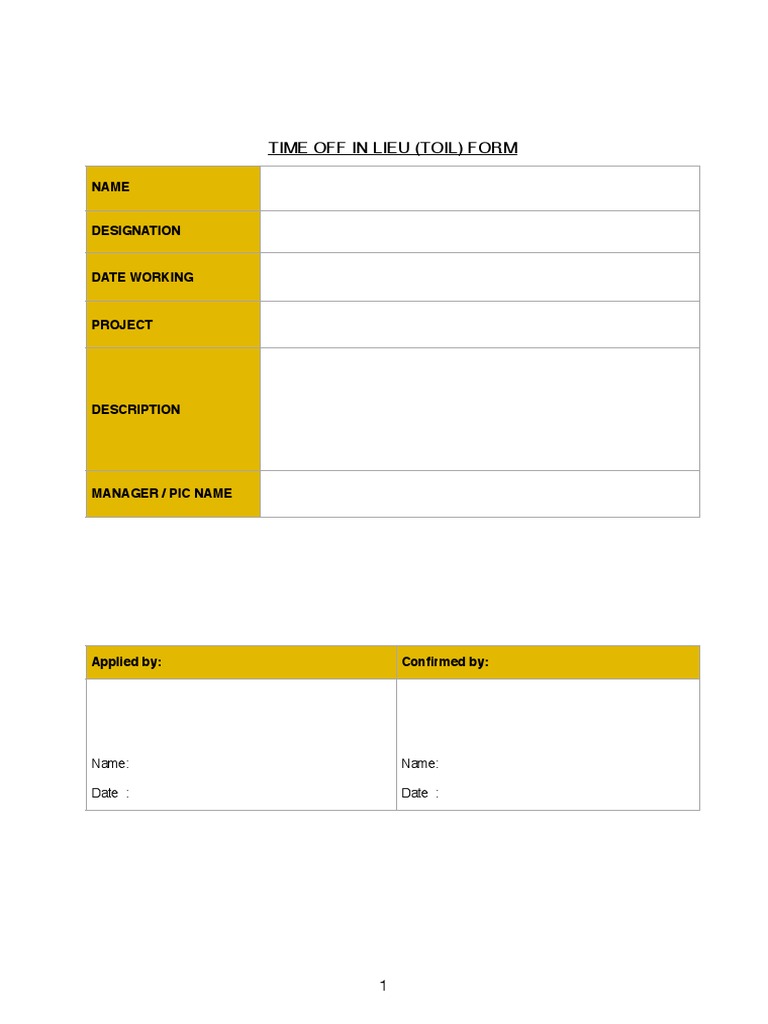 Time Off in Lieu (Toil) Form: Name: Date: Name: Date | PDF | Art ...