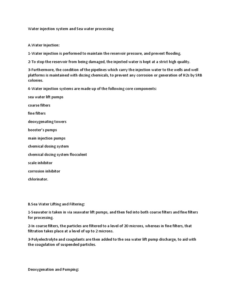Water Injection System and Sea Water Processing | PDF | Filtration ...