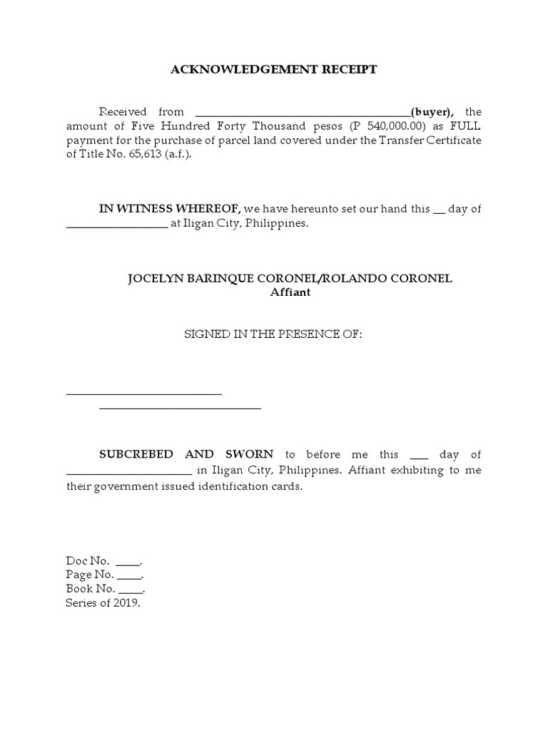 Acknowledgement Receipt: IN WITNESS WHEREOF, We Have Hereunto Set Our ...