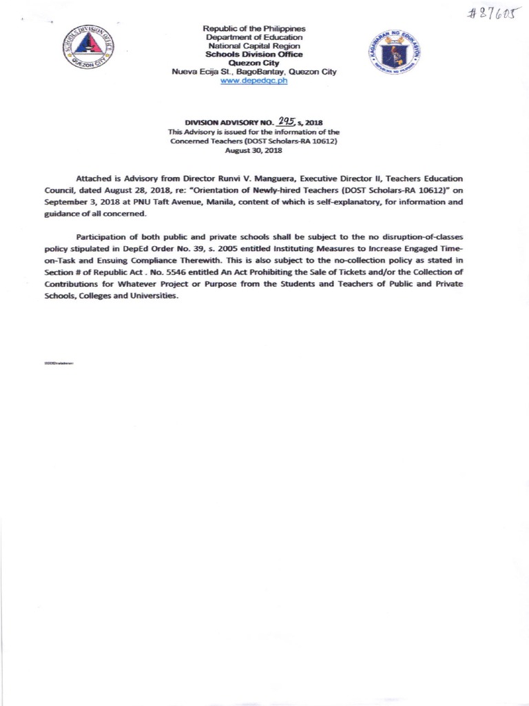 Div Advisory No. 295 - Orientation of Newly-Hired Teachers (DOST ...