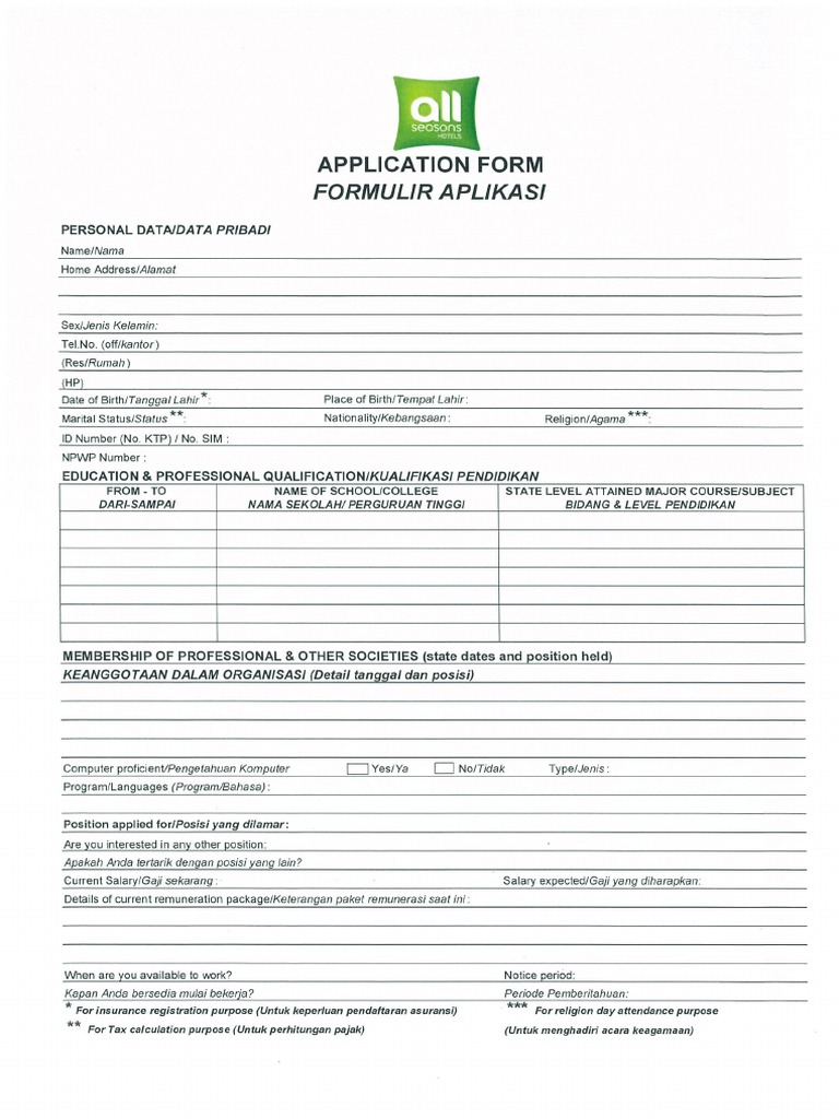 Application Form - Ibis Styles All Seasons | PDF