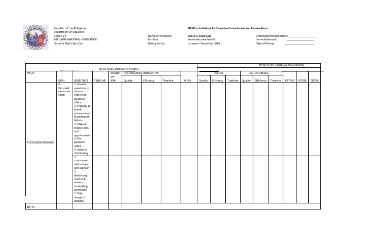RPMS - Individual Performance Commitment and Review Form | Download ...