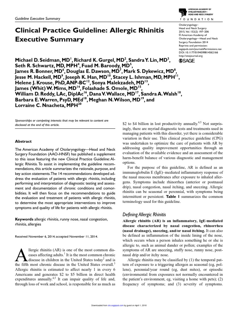 Clinical Practice Guideline: Allergic Rhinitis Executive Summary | PDF ...