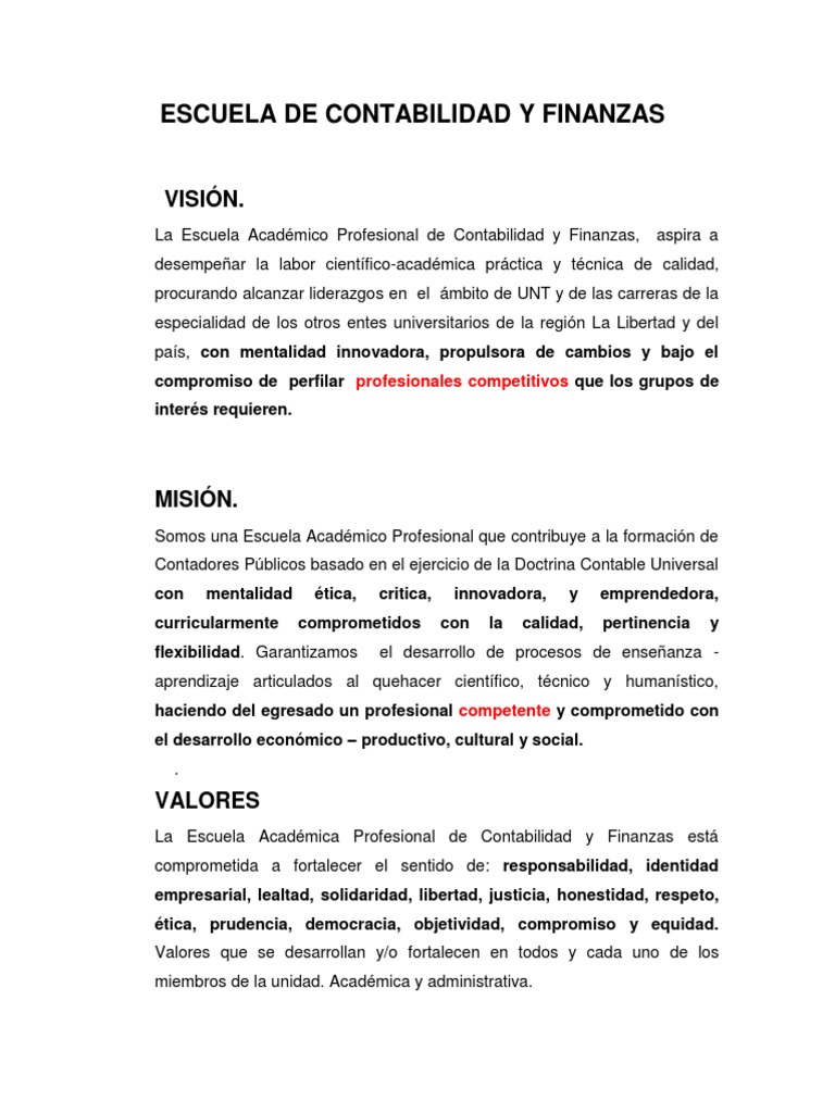 Visión, misión y valores de la Escuela de Contabilidad y Finanzas.docx ...
