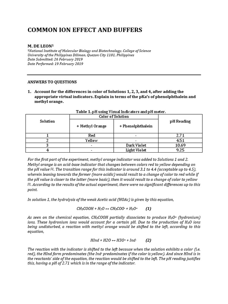 Common Ion Effect and Buffers: M. de Leon | PDF | Ph | Buffer Solution