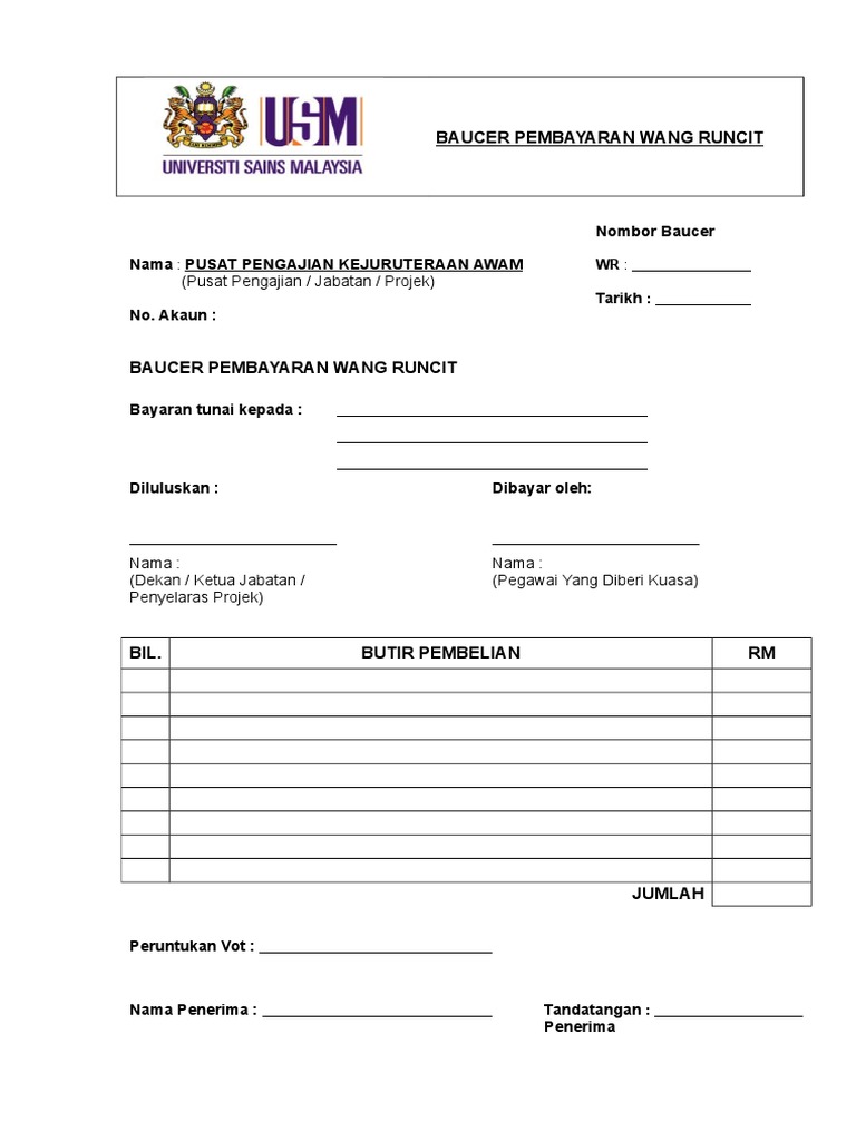 Borang Baucer Pembayaran Wang Runcit PPKA | PDF