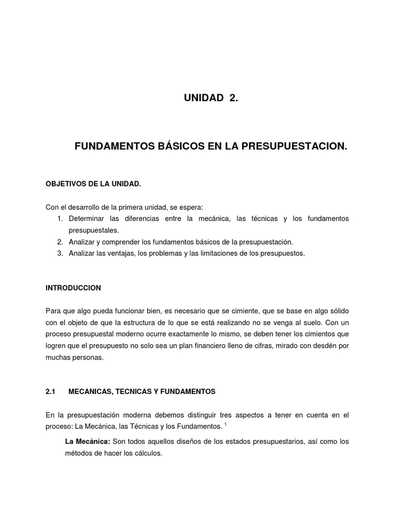 UNIDAD 2 - Fundamentos Basicos en La Presupuestacion | PDF | Presupuesto | Planificación