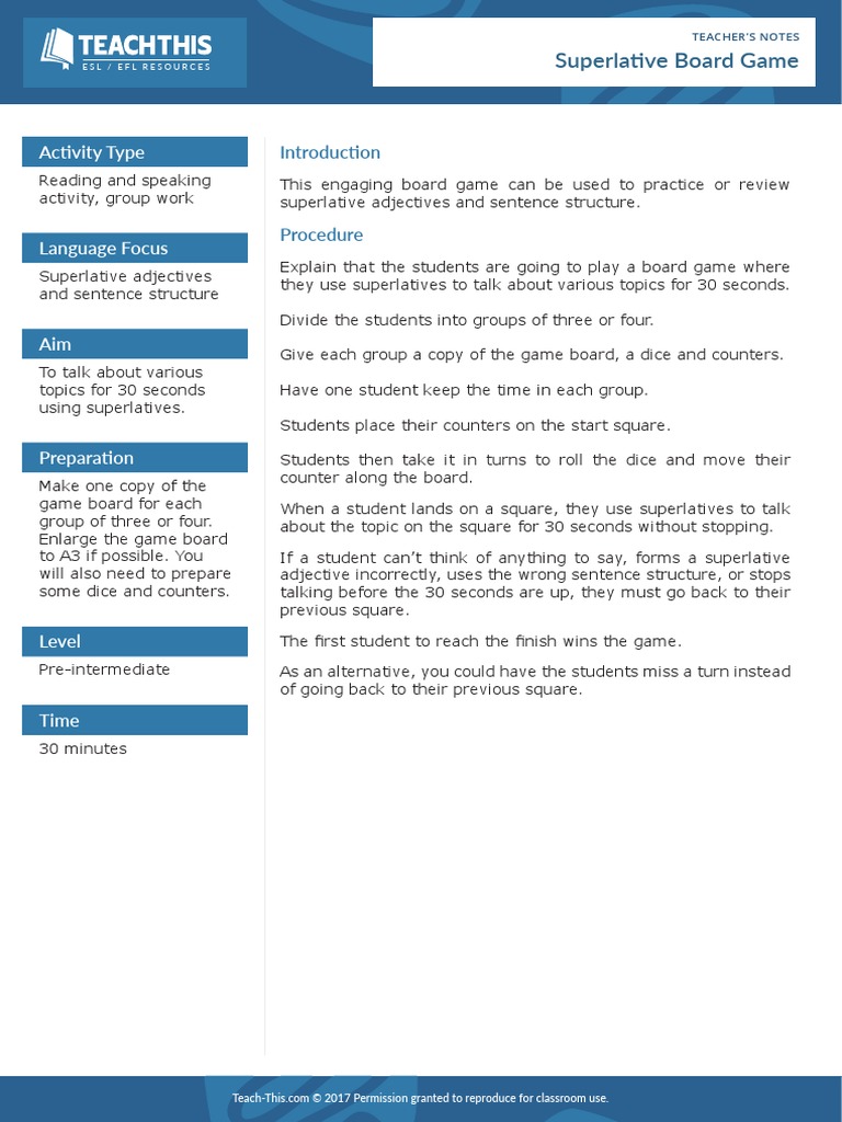 Superlative Board Game | PDF | English As A Second Or Foreign Language ...