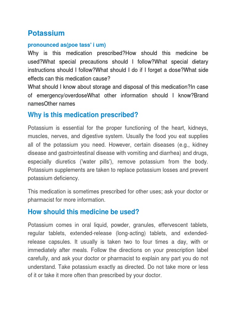 Potassium: Why Is This Medication Prescribed? | PDF | Drugs | Pharmacology