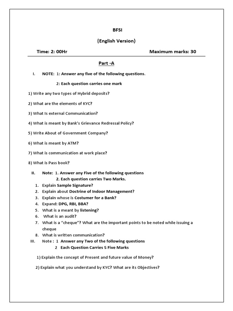 Bfsi (English Version) Time: 2: 00Hr Maximum Marks: 30 Part - A | PDF ...