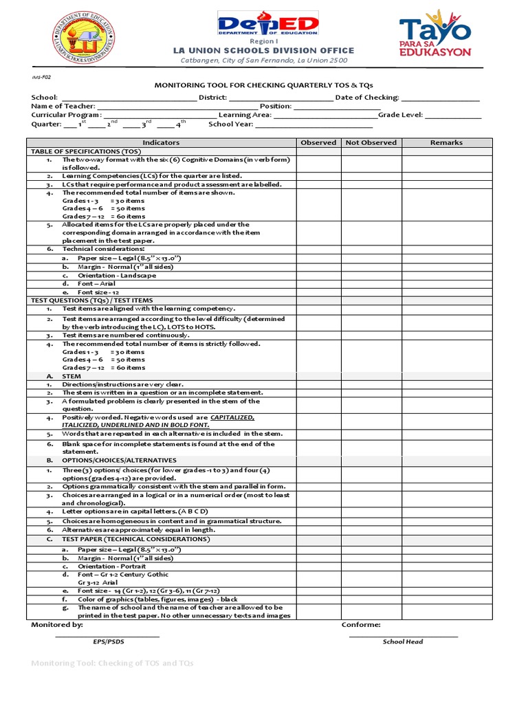 TOS and TQs Monitoring Tool Guide | PDF | Writing | Graphic Design