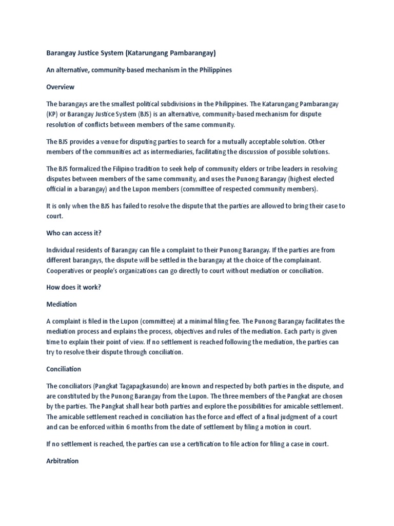 Barangay Justice System | PDF | Mediation | Arbitration