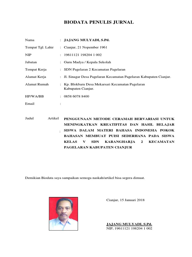 Biodata Penulisan Jurnal Jajang Mulyadi | PDF