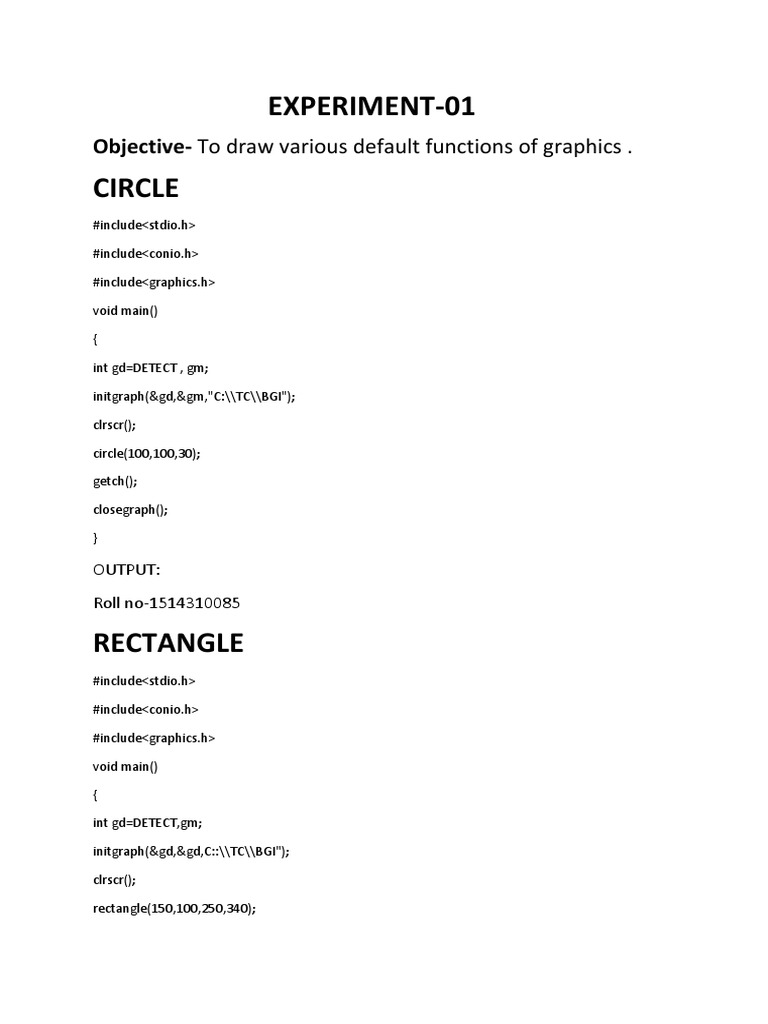 Experiment-01 Circle: Objective-To Draw Various Default Functions of ...