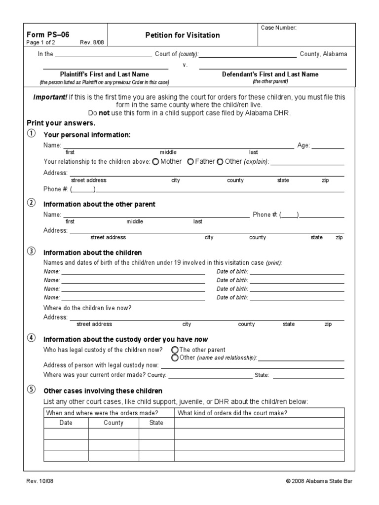 Petition For Visitation Form PS 06 | PDF | Child Custody | Contact (Law)