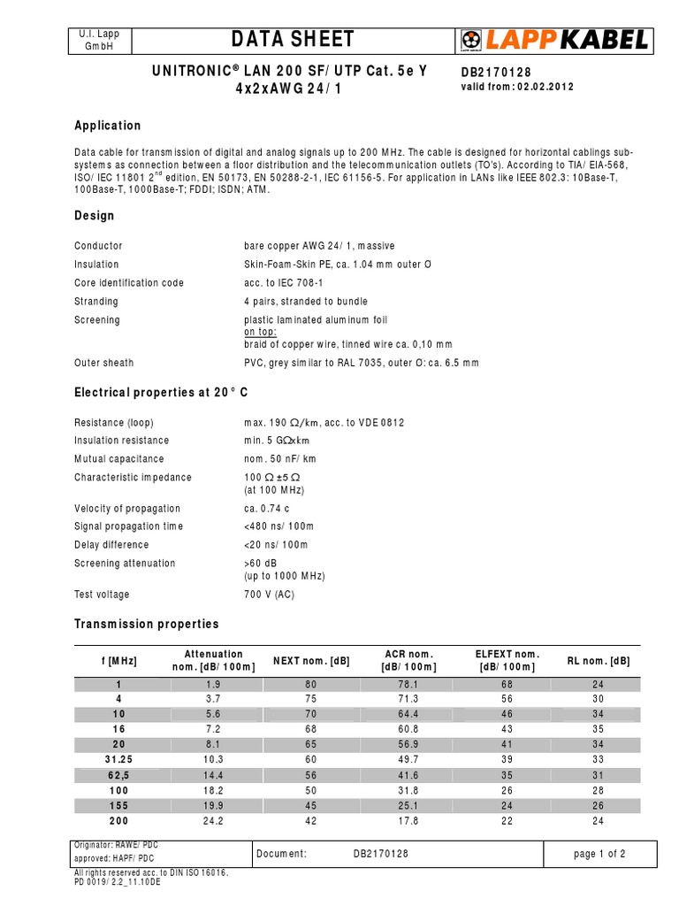 Data Sheet: Unitronic Lan 200 Sf/Utp Cat. 5E Y 4x2xAWG 24/1 | PDF ...