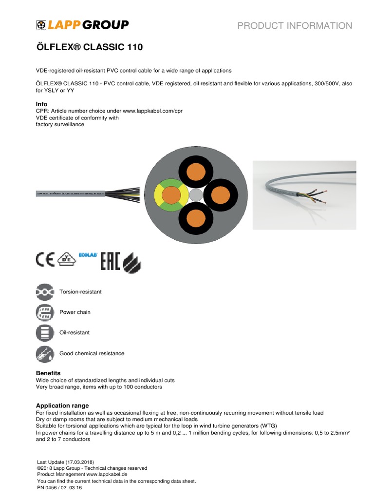 Ölflex® Classic 110: Product Information | PDF | Wire | Electric Power
