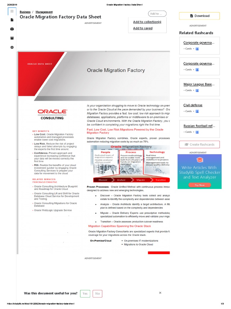 Oracle Migration Factory Data Sheet | PDF | Flashcard | Oracle Corporation