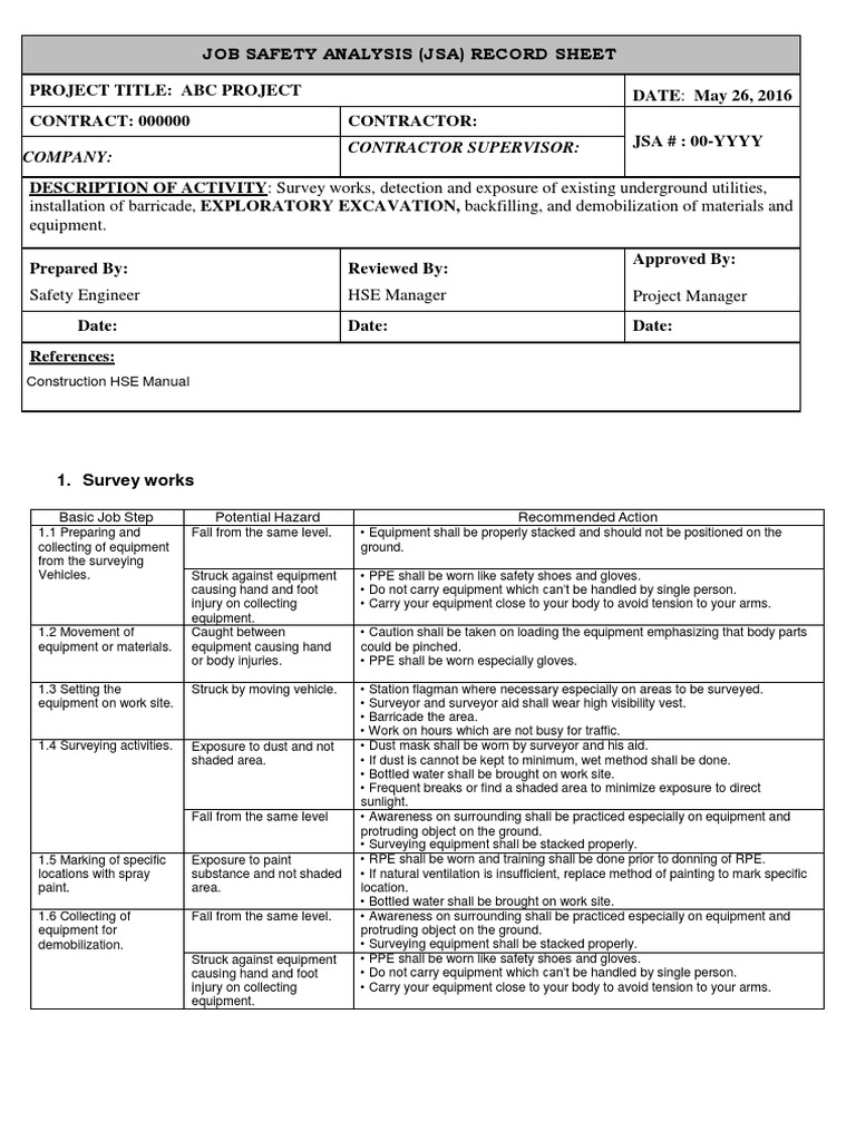 JSA For Excavation Works | PDF | Personal Protective Equipment | Excavation (Archaeology)