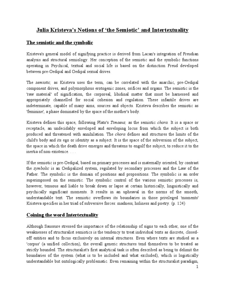 Julia Kristeva's Semiotic Theory | PDF | Intertextuality | Oedipus Complex