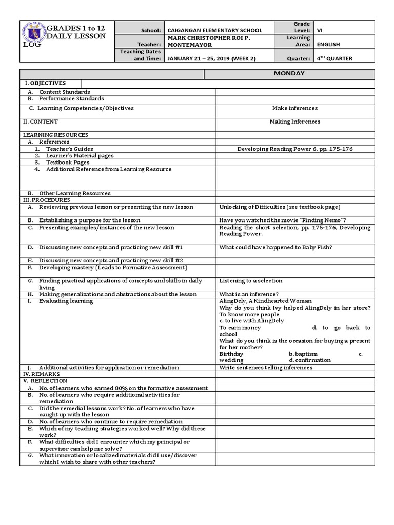 DLL_Q4_W2 | Teachers | Lesson Plan