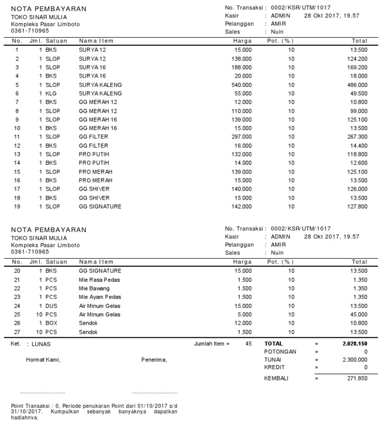 Nota Pembayaran Toko Sinar Mulia | PDF