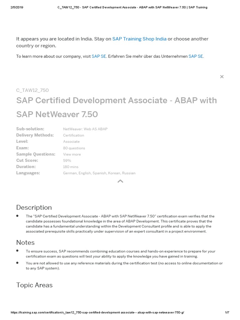 C Taw12 750 Sap Certified Development Associate Abap With Sap Netweaver ...