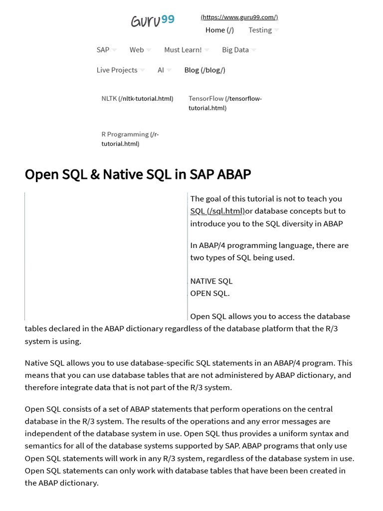 Open SQL and Native SQL in SAP ABAP PDF | PDF | Sql | Databases