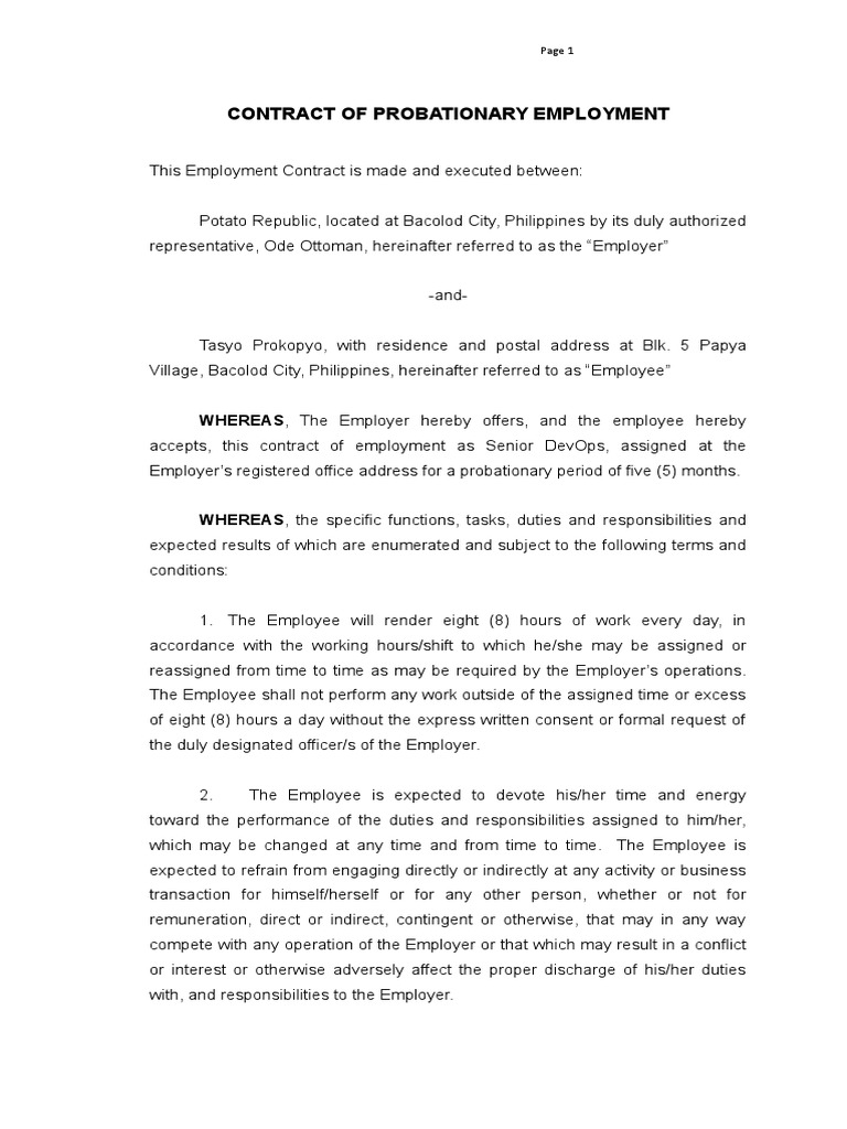Probationary Employment Contract Sample | PDF | Employment | Legal ...