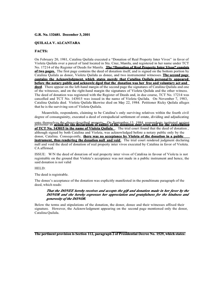 Quilala v. Alcantara: Donation Validity | PDF | Environmental Law ...