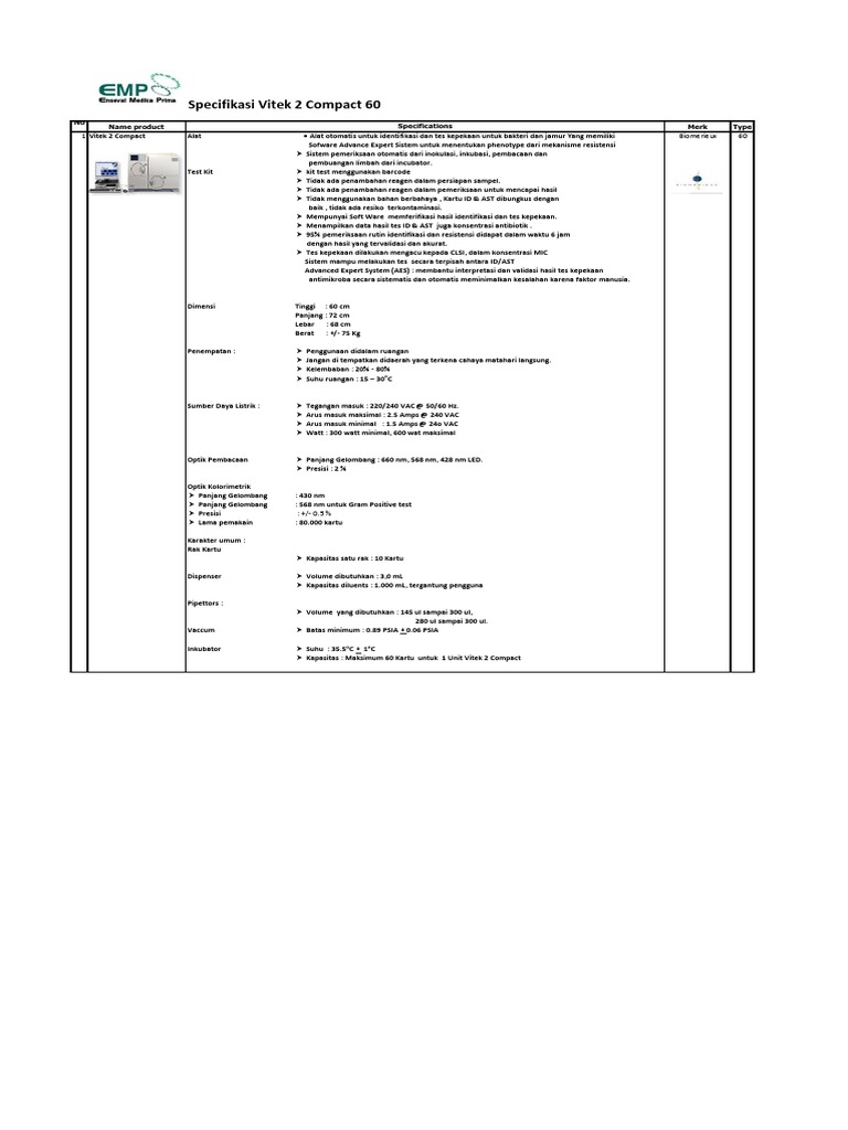 Spesifikasi Alat Vitek 2 Compact 60 | PDF