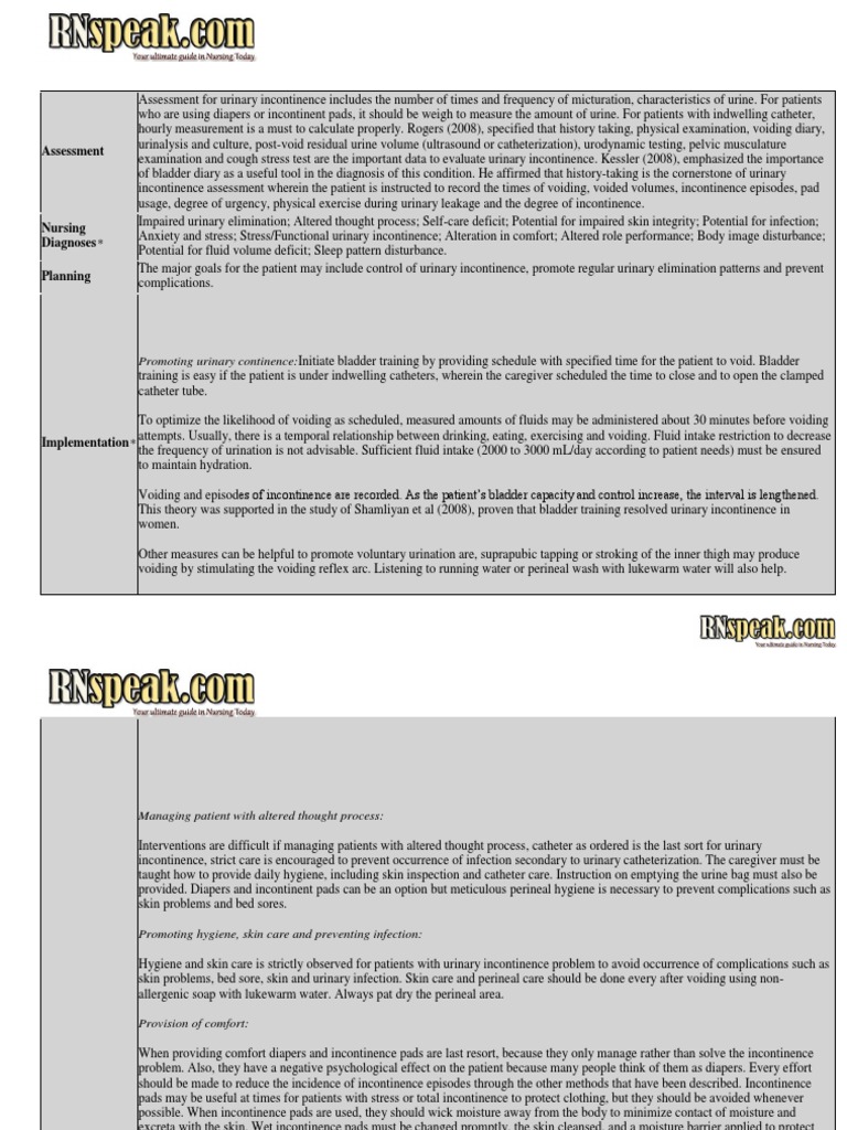 Urinary Incontinence Nursing Management | PDF | Urinary Incontinence ...
